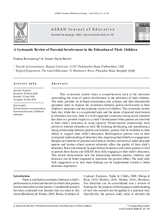 (PDF) A Systematic Review of Parental Involvement in the Education of ...