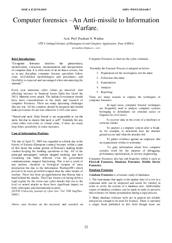 (PDF) Computer forensics –An Anti-missile to Information Warfare