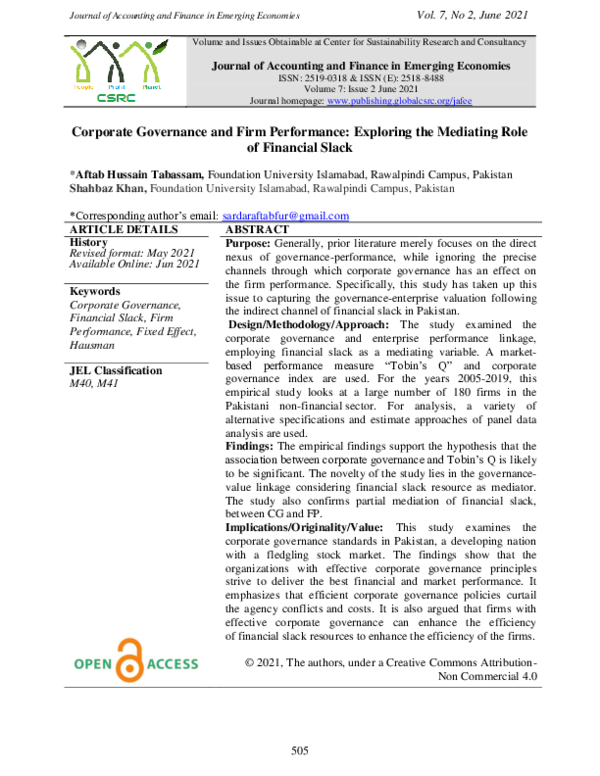 (PDF) Corporate Governance and Firm Performance: Exploring the Mediating Role of Financial Slack