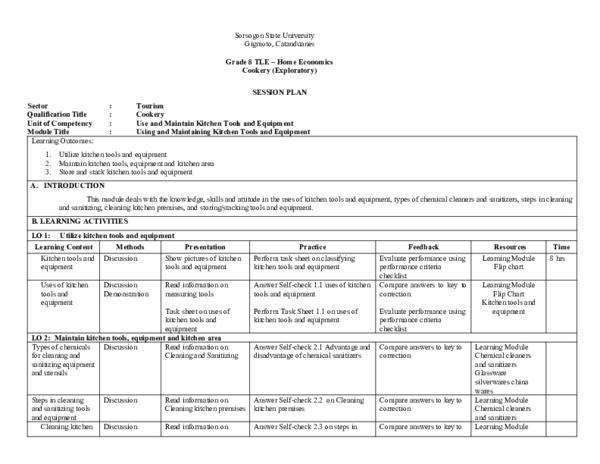 (DOC) SESSION PLAN Cookery Exploratory
