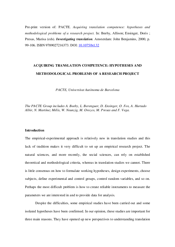 (PDF) Acquiring translation competence: hypotheses and methodological ...