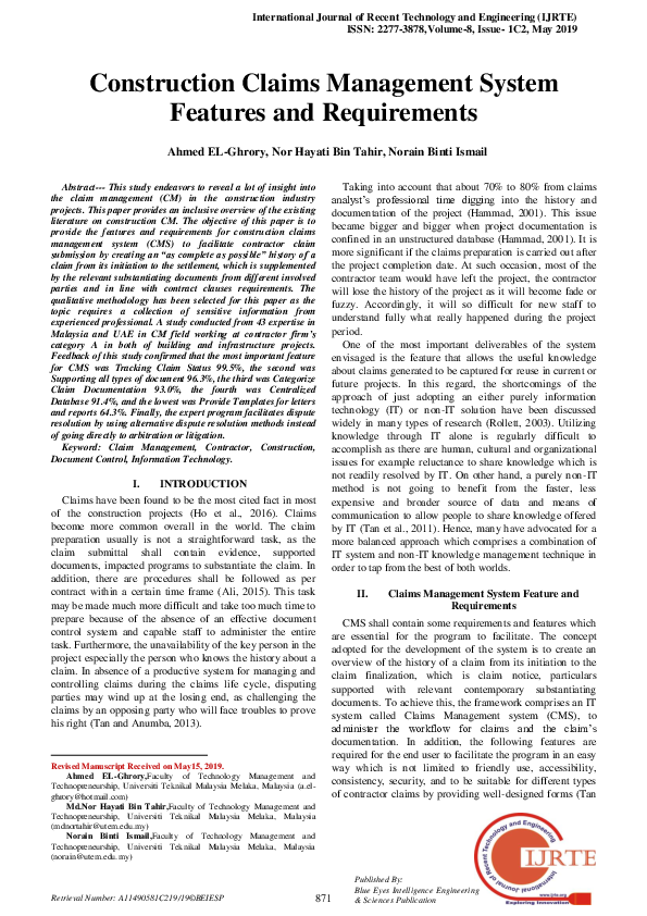 (PDF) Construction Claims Management System Features and Requirements