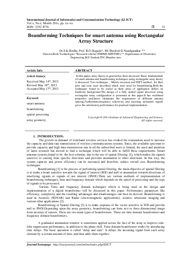 Pdf Beamforming Techniques For Smart Antenna Using Rectangular Array