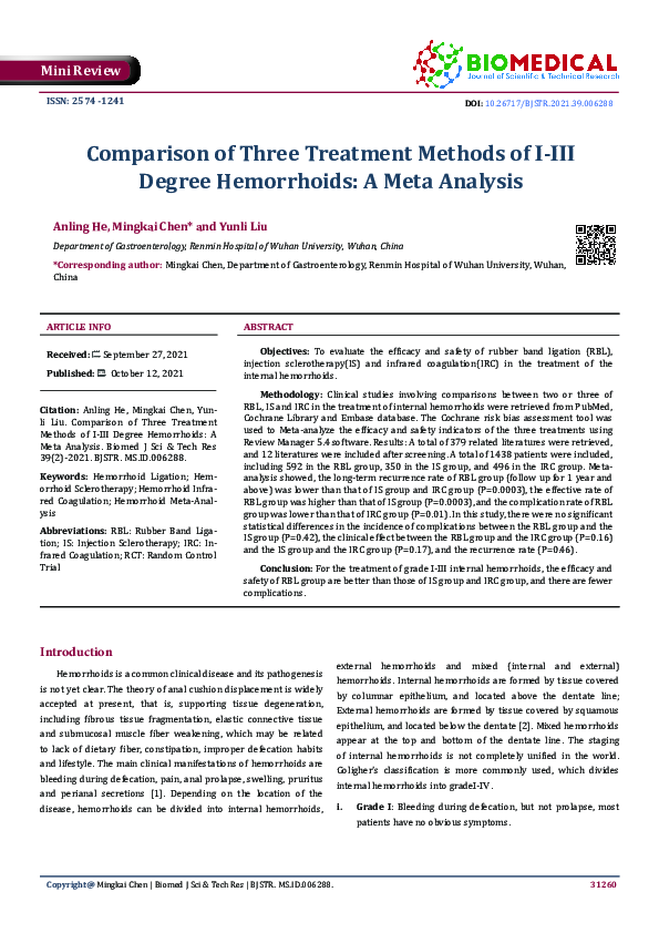 (PDF) Comparison of Three Treatment Methods of Ⅰ-Ⅲ Degree Hemorrhoids ...