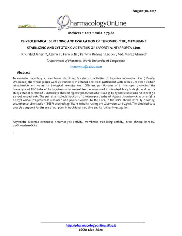 (PDF) PHYTOCHEMICAL SCREENING AND EVALUATION OF THROMBOLYTIC, MEMBRANE STABILIZING AND CYTOTOXIC ...