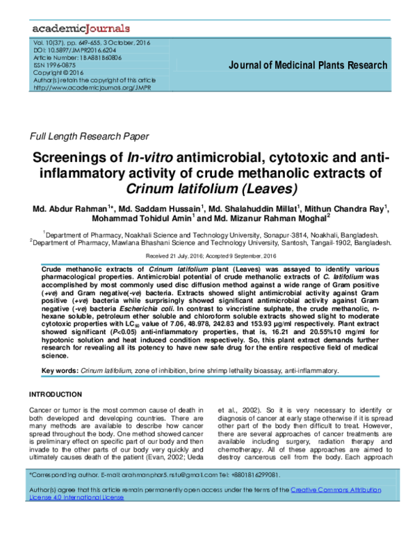 (PDF) Screenings of In-vitro antimicrobial, cytotoxic and antiinflammatory activity of crude ...