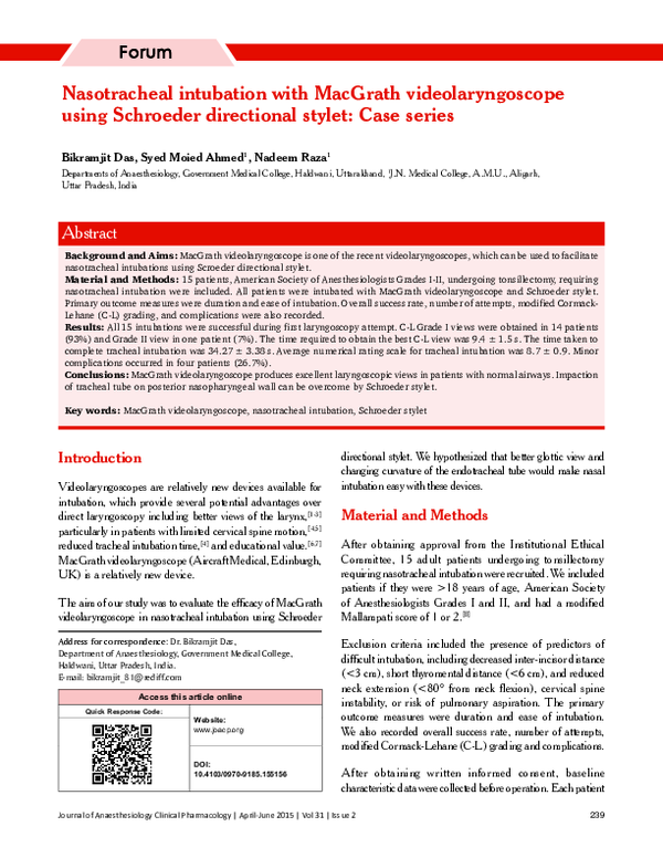 (PDF) Nasotracheal intubation with MacGrath videolaryngoscope using ...