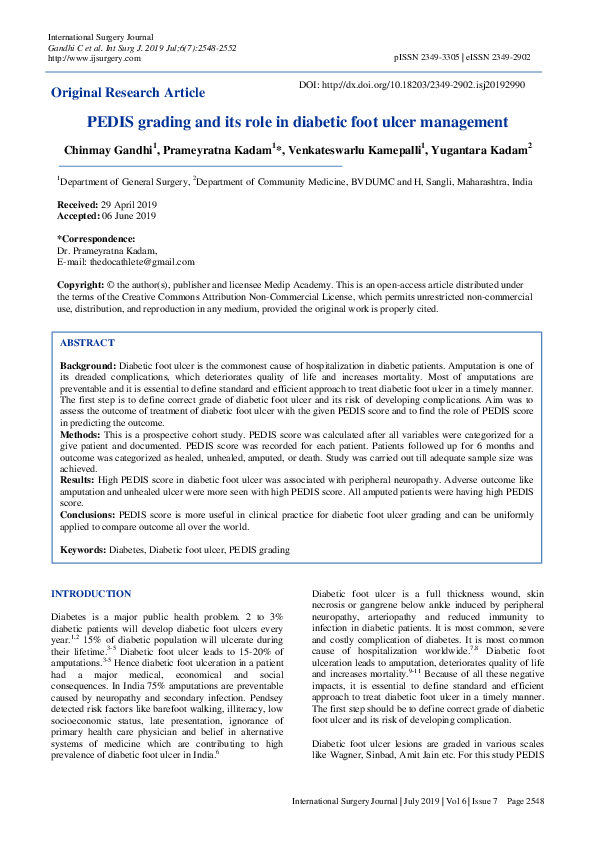 (PDF) PEDIS grading and its role in diabetic foot ulcer management ...