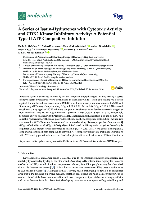 (PDF) A Series of Isatin-Hydrazones with Cytotoxic Activity and CDK2 ...
