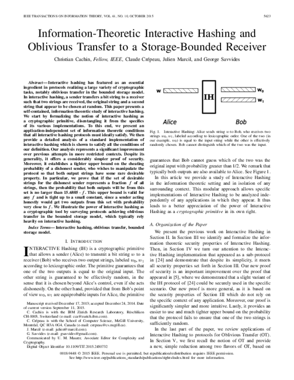 (PDF) Information-Theoretic Analysis of Interactive Hashing and Oblivious Transfer