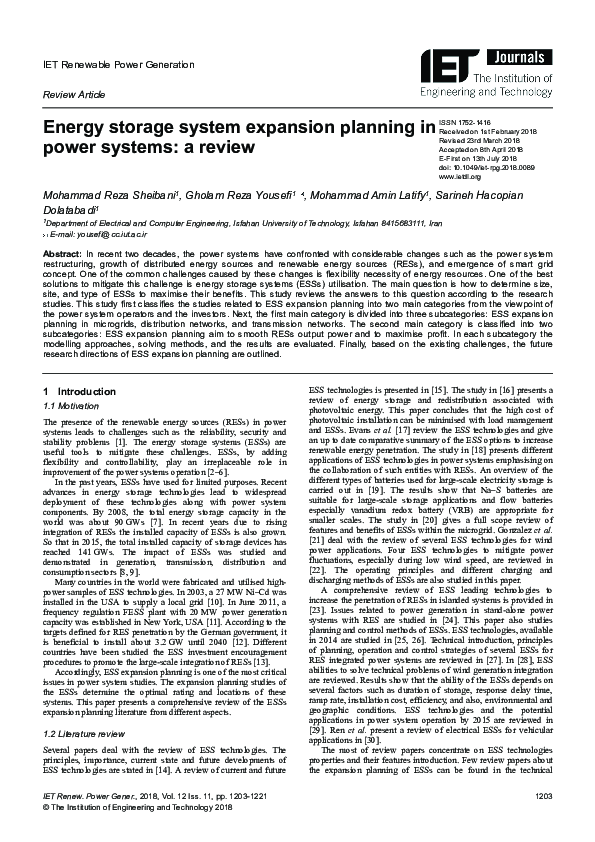 (PDF) Energy storage system expansion planning in power systems: a review