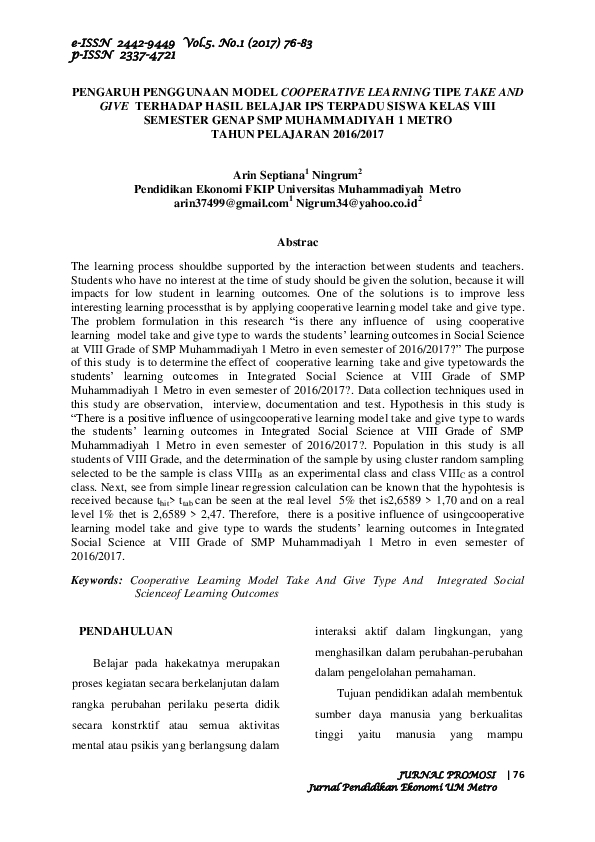 (PDF) Pengaruh Penggunaan Model Cooperative Learning Tipe Take and Give Terhadap Hasil Belajar ...