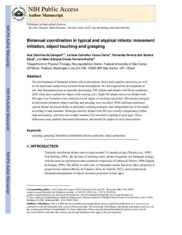 (PDF) Bimanual coordination in typical and atypical infants: Movement ...
