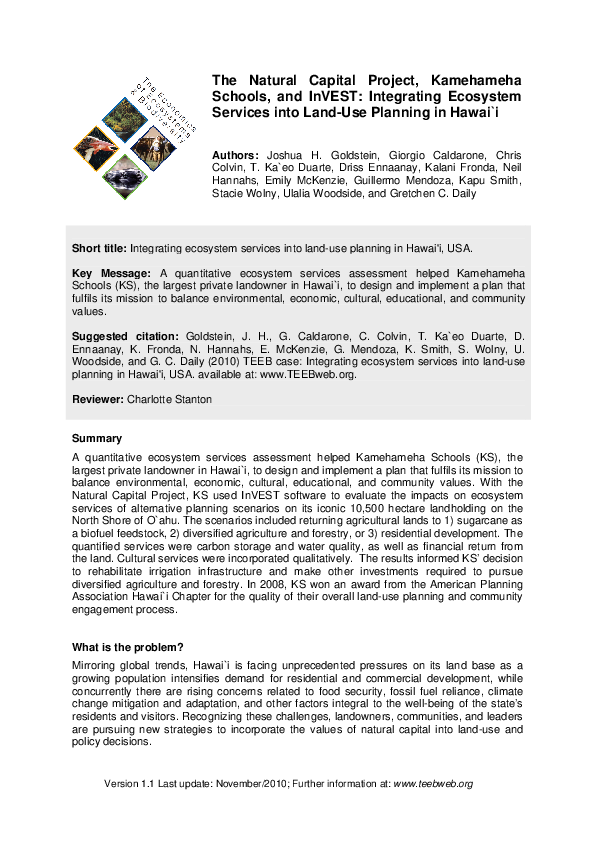 (PDF) The Natural Capital Project, Kamehameha Schools, and InVEST ...