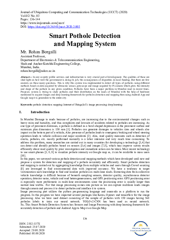 (PDF) Smart Pothole Detection and Mapping System