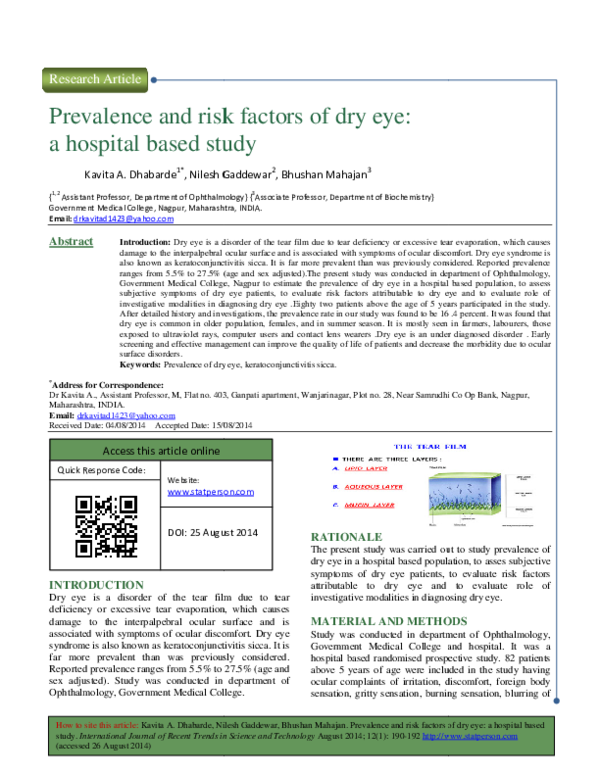 (PDF) Prevalence and risk factors of dry eye: a hospital based study
