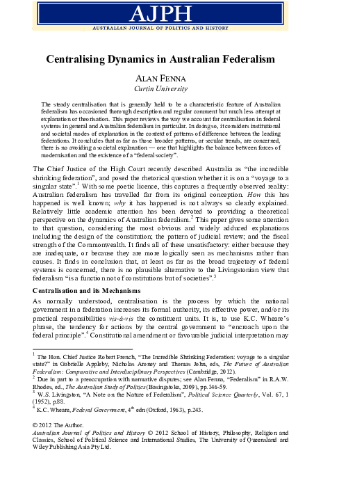 (PDF) Centralising Dynamics in Australian Federalism | Alan Fenna ...