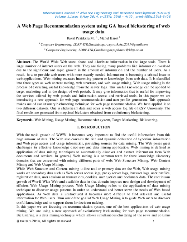 (PDF) A Web Page Recommendation system using GA based biclustering of web usage data | Mehul ...