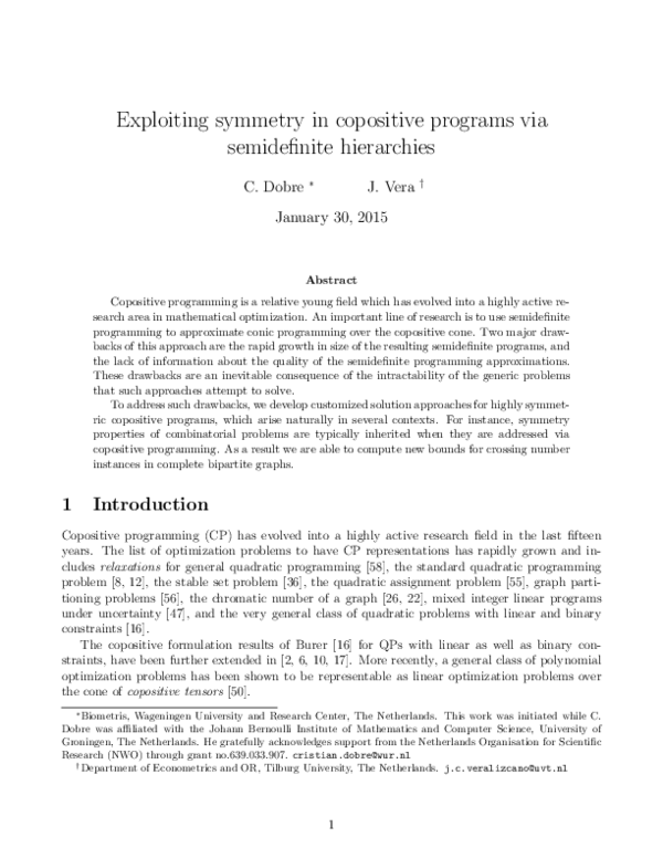 (PDF) Exploiting symmetry in copositive programs via semidefinite hierarchies