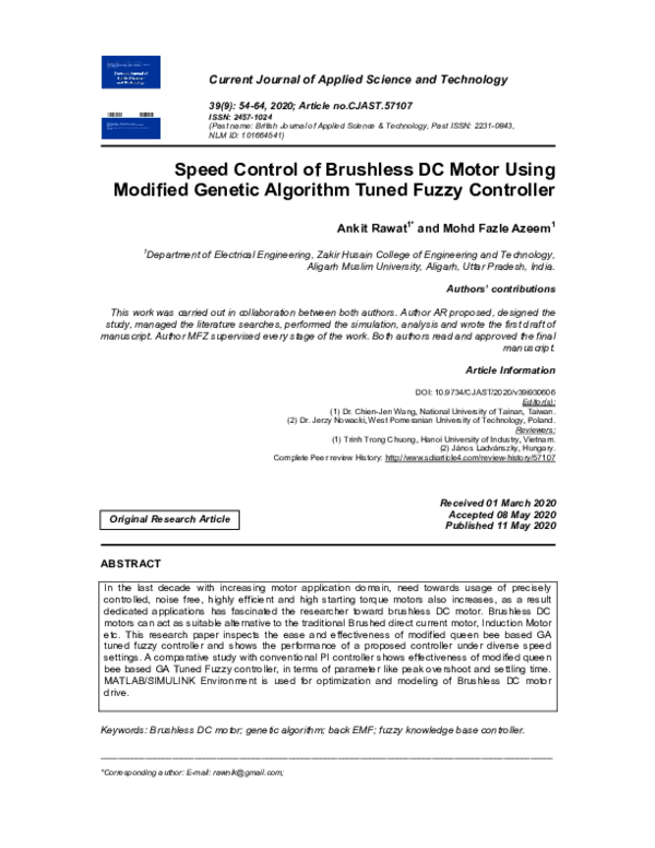 Pdf Speed Control Of Brushless Dc Motor Using Modified Genetic Algorithm Tuned Fuzzy Controller