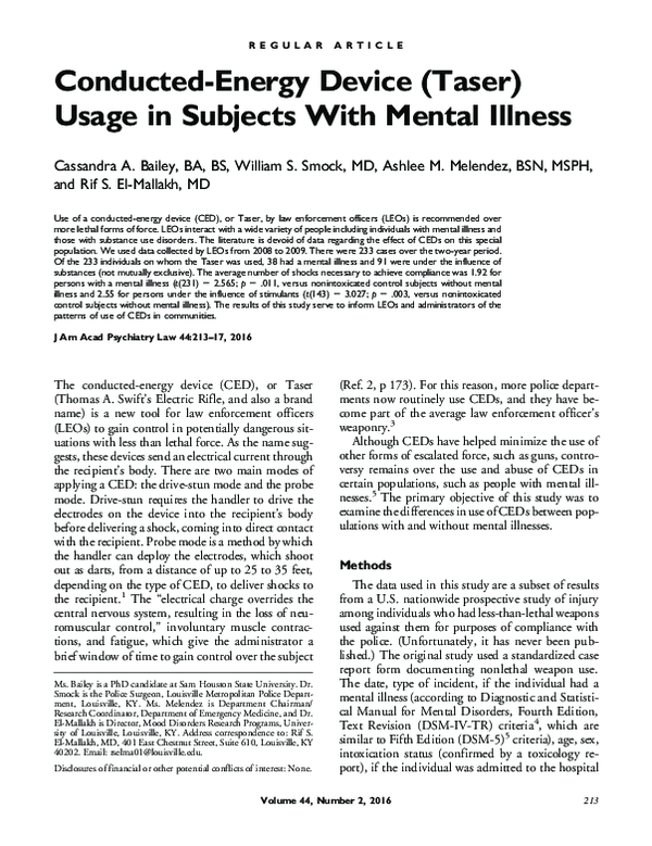 (PDF) Conducted-Energy Device (Taser) Usage in Subjects With Mental ...