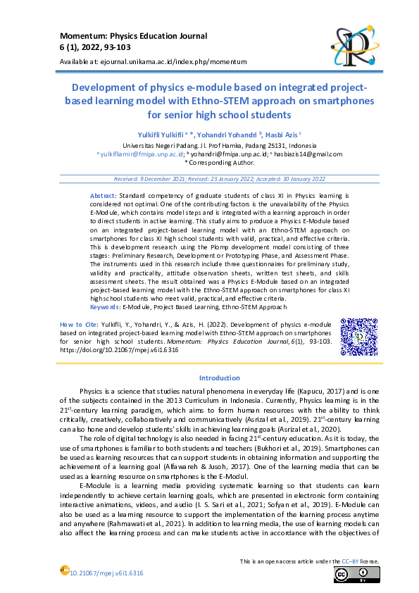 Pdf Development Of Physics E Module Based On Integrated Project Based