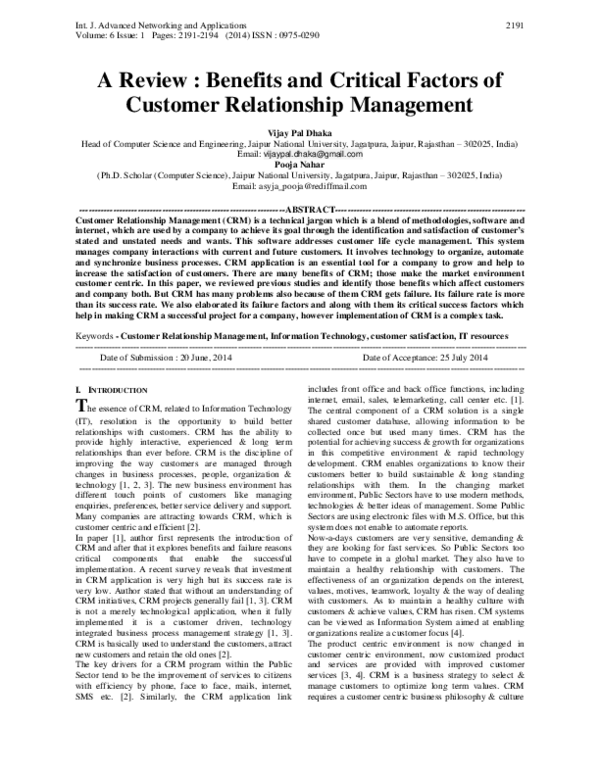 (PDF) A Review: Benefits and Critical Factors of Customer Relationship ...