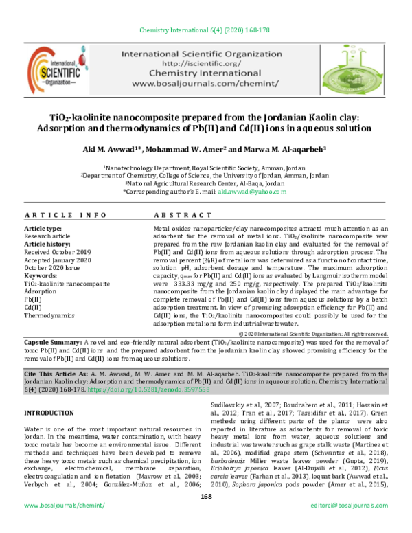 (PDF) TiO2-kaolinite nanocomposite prepared from the Jordanian Kaolin clay: Adsorption and ...