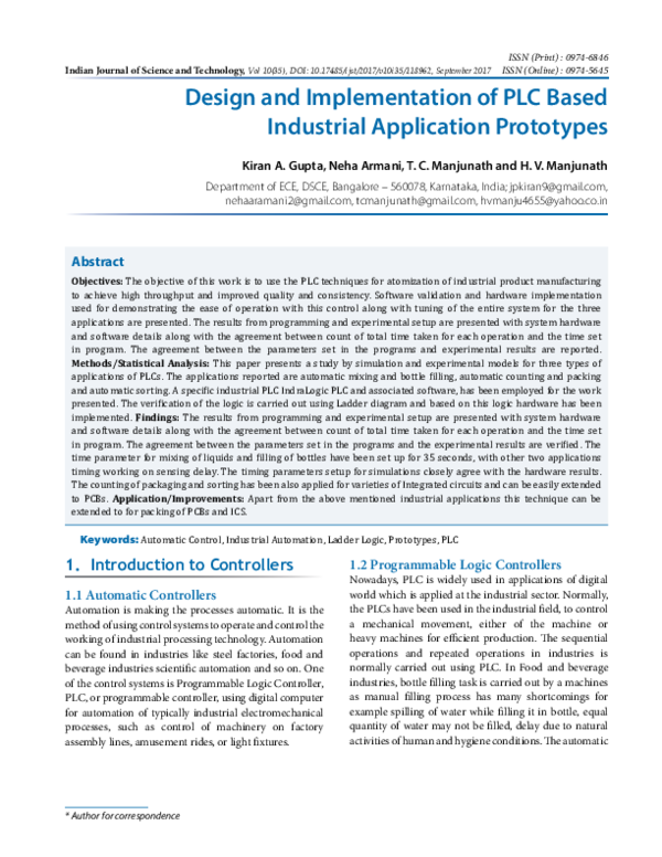 (PDF) Design and Implementation of PLC Based Industrial Application ...