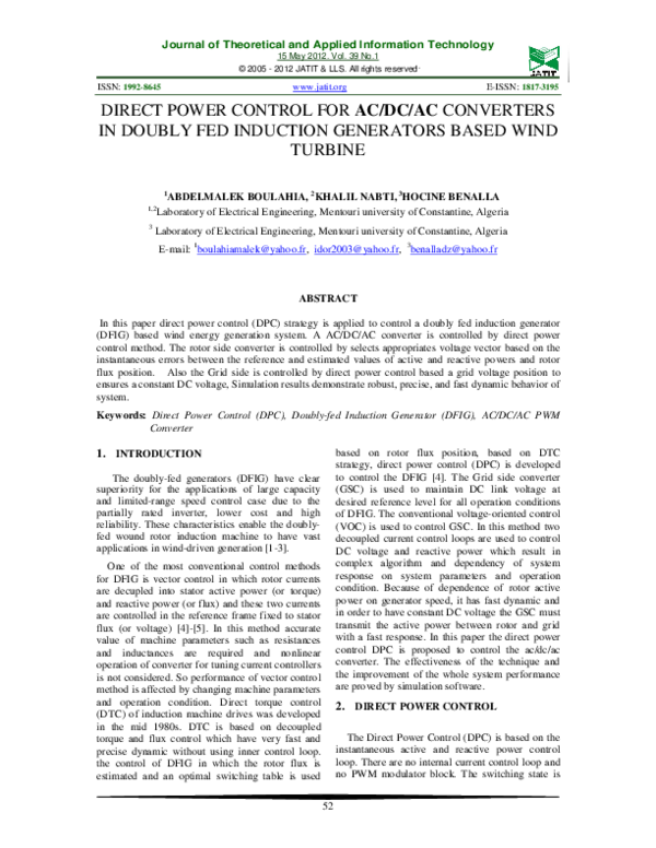 Pdf Direct Power Control For Three Level Npc Based Pwm Acdcac Converter In Doubly Fed
