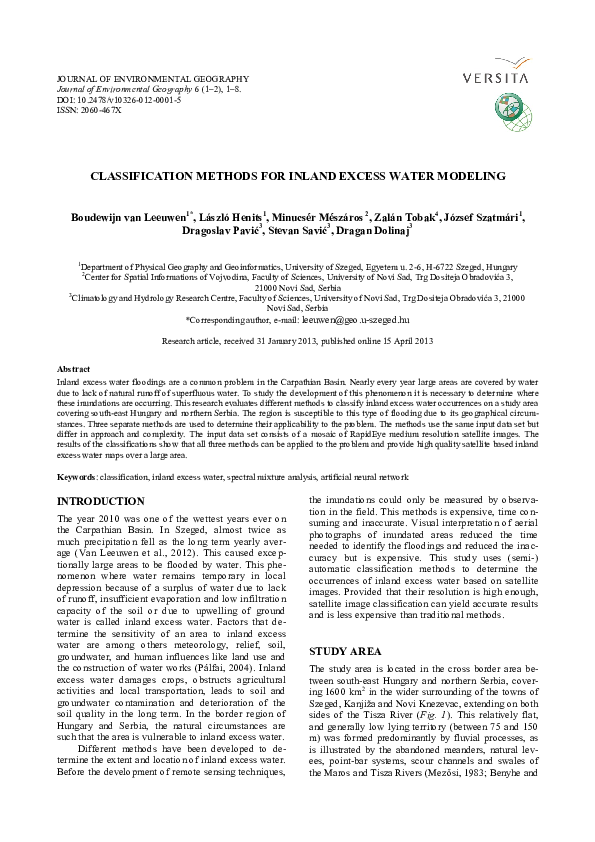 (PDF) Classification Methods for Inland Excess Water Modeling