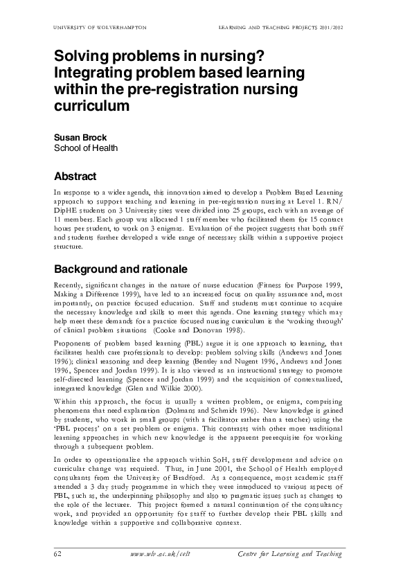 (PDF) Solving problems in nursing? Integrating problem based learning ...