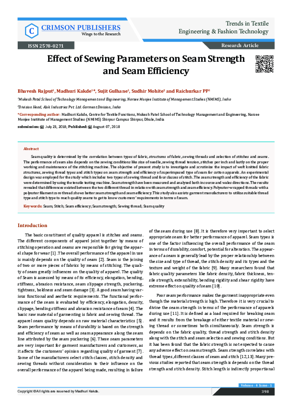 (PDF) Effect of Sewing Parameters on Seam Strength and Seam Efficiency
