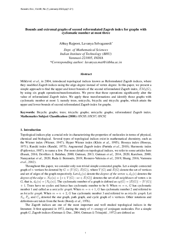(PDF) Bounds and extremal graphs of second reformulated Zagreb index for graphs with cyclomatic ...