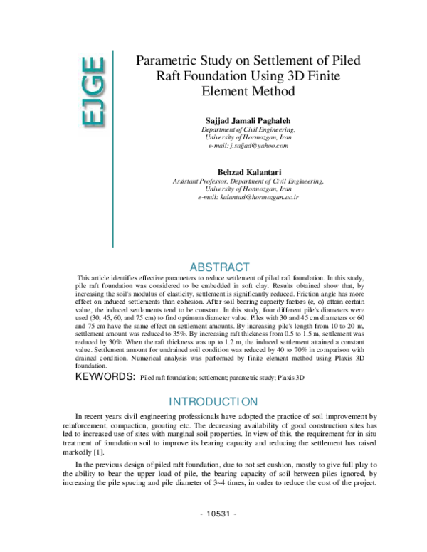(PDF) Parametric Study on Settlement of Piled Raft Foundation Using 3D Finite Element Method