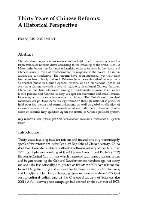 (PDF) Thirty Years of Chinese Reforms: A Historical Perspective