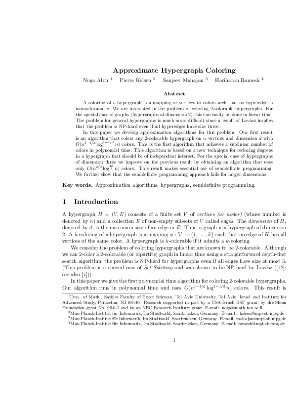 (PDF) Approximate hypergraph coloring | Pierre Kelsen - Academia.edu