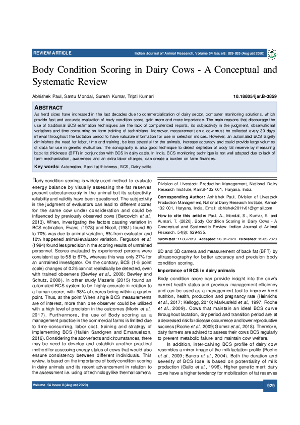 (PDF) Body Condition Scoring in Dairy Cows - A Conceptual and ...