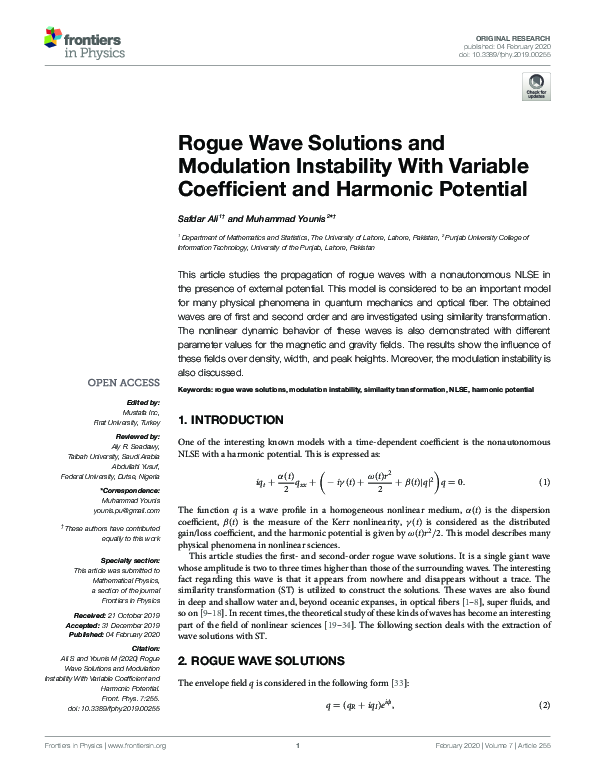 (PDF) Rogue Wave Solutions and Modulation Instability With Variable Coefficient and Harmonic ...