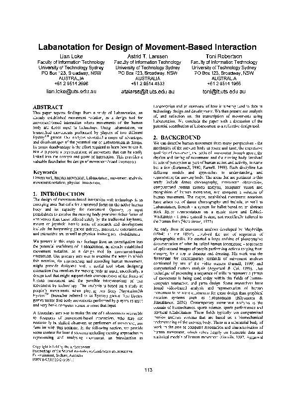 (PDF) Labanotation for Design of Movement Based Interaction