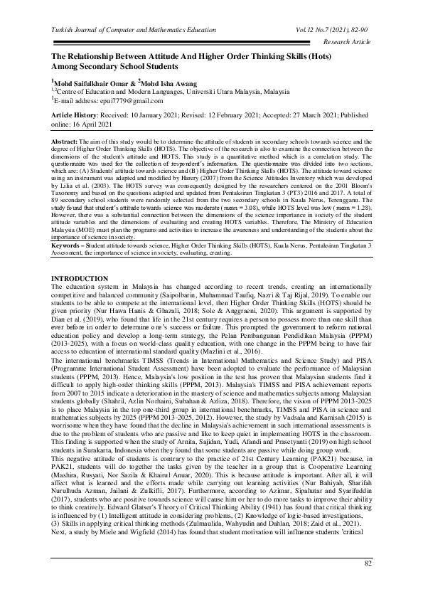 (PDF) The Relationship Between Attitude And Higher Order Thinking Skills (Hots) Among Secondary ...