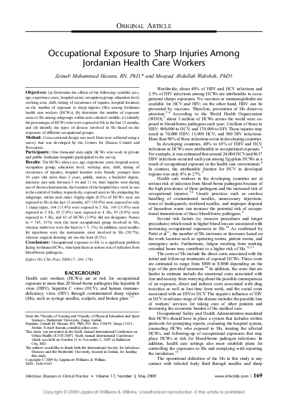 (PDF) Occupational Exposure to Sharp Injuries Among Jordanian Health ...