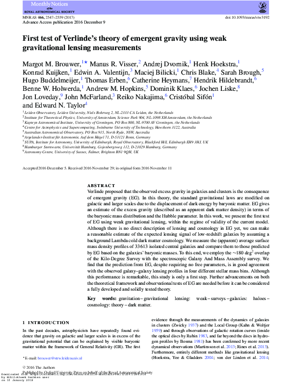 (PDF) First test of Verlinde's theory of Emergent Gravity using Weak ...