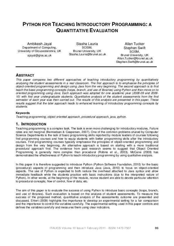 (PDF) Python for Teaching Introductory Programming: A Quantitative Evaluation