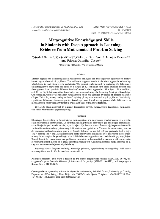 (PDF) Metacognitive Knowledge and Skills in Students with Deep Approach to Learning. Evidence ...