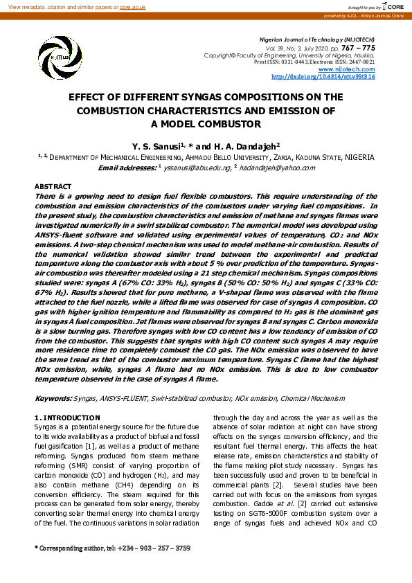 (PDF) Effect of different syngas compositions on the combustion characteristics and emission of ...