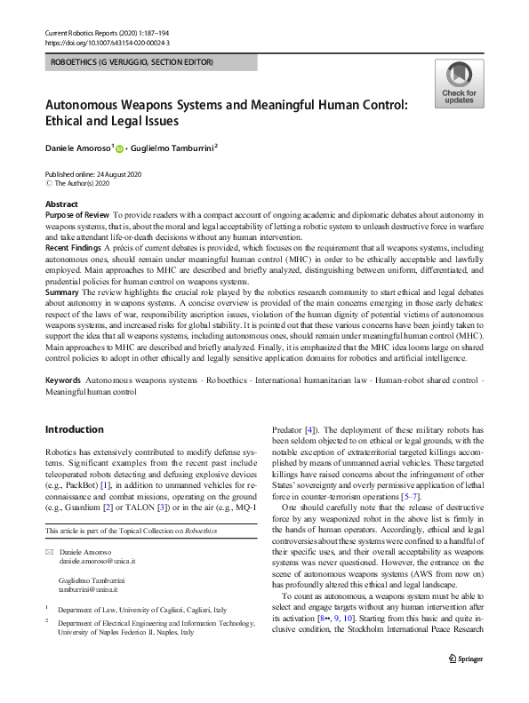 (PDF) Autonomous Weapons Systems and Meaningful Human Control: Ethical ...