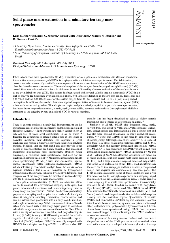 Pdf Solid Phase Micro Extraction In A Miniature Ion Trap Mass Spectrometer