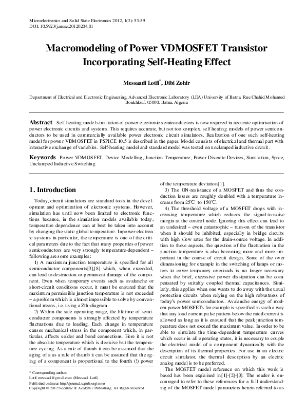 (PDF) Macromodeling of Power VDMOSFET Transistor Incorporating Self-Heating Effect