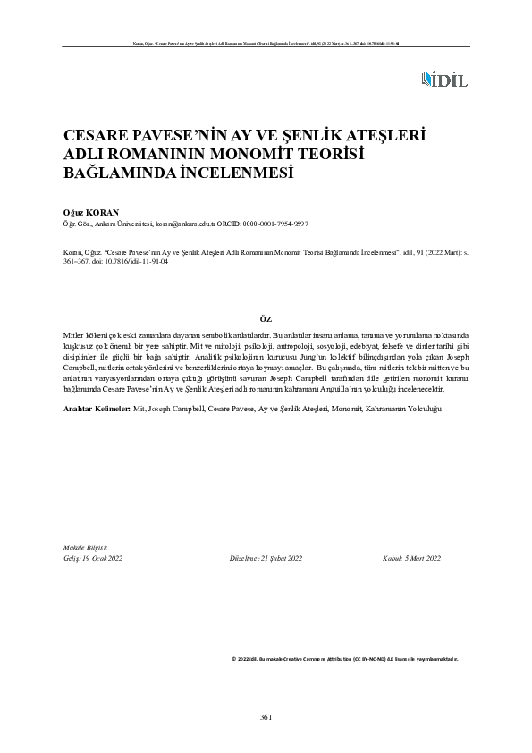 (PDF) CESARE PAVESE'NİN AY VE ŞENLİK ATEŞLERİ ADLI ROMANININ MONOMİT TEORİSİ BAĞLAMINDA İNCELENMESİ